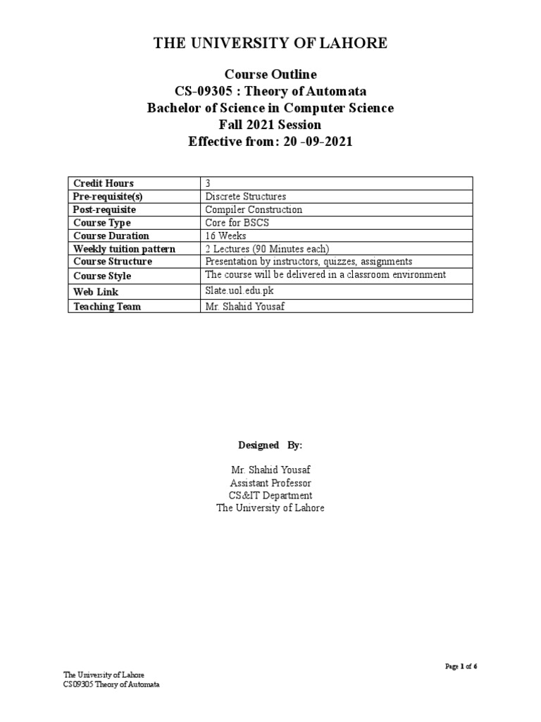Theory of Automata Course Outline | PDF | Theoretical Computer Science | Models Of Computation