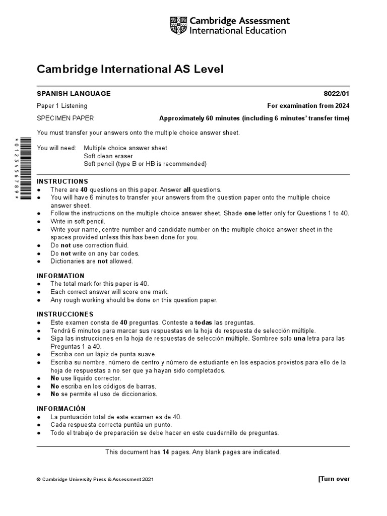 Cambridge International AS Level: Spanish Language 8022/01 | PDF