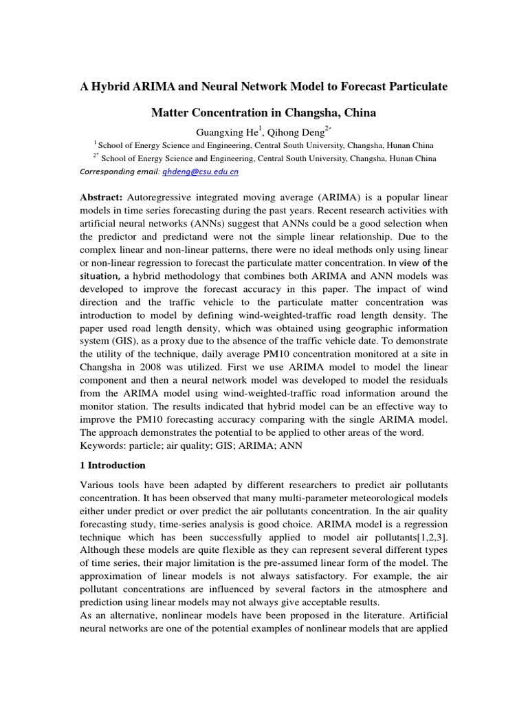 A Hybrid Arima And Neural Network Model To Forecast Particulate Pdf
