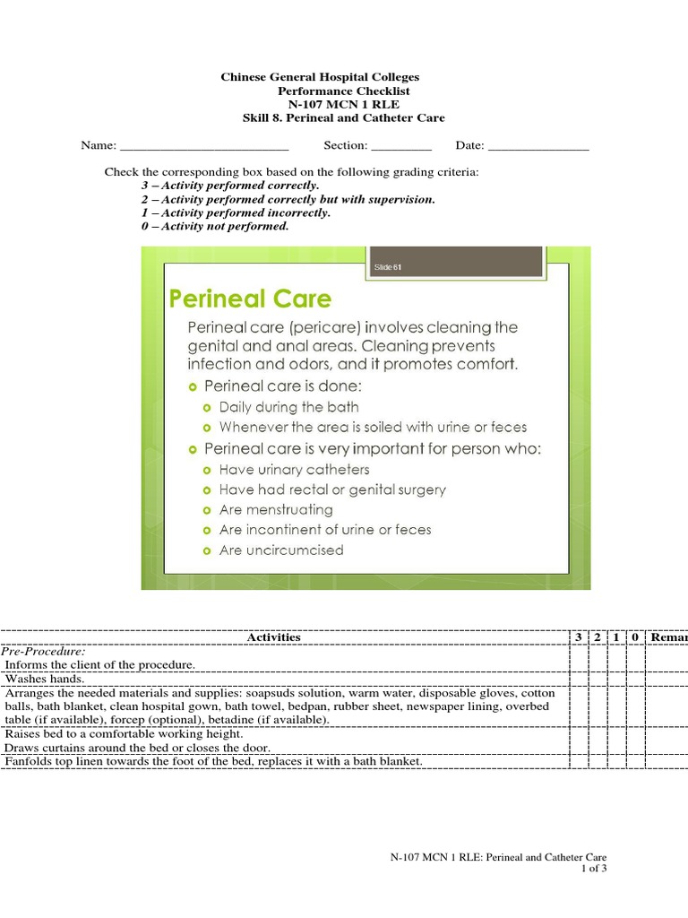 Skill 8 - Perineal and Catheter Care Checklist | PDF | Bed