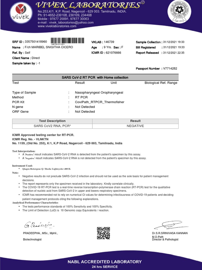 VKLAB SARS-CoV-2 RT-PCR Report | PDF | Reverse Transcription Polymerase ...