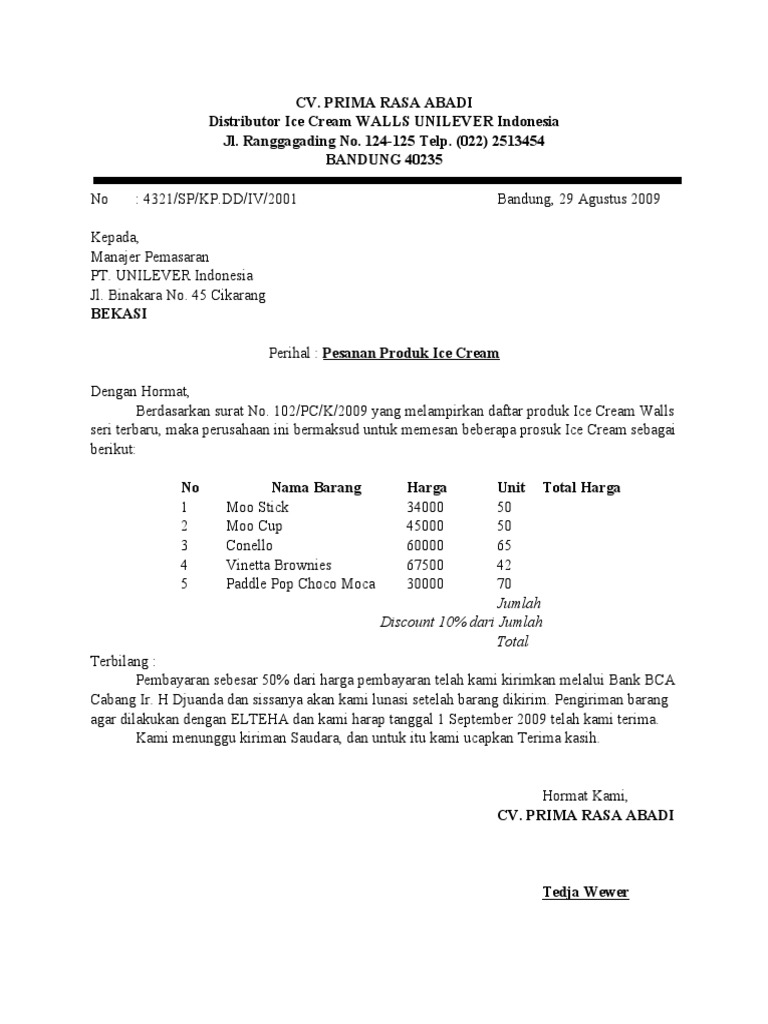 Cv. Prima Rasa Abadi Distributor Ice Cream WALLS UNILEVER Indonesia Jl. Ranggagading No. 124-125 ...