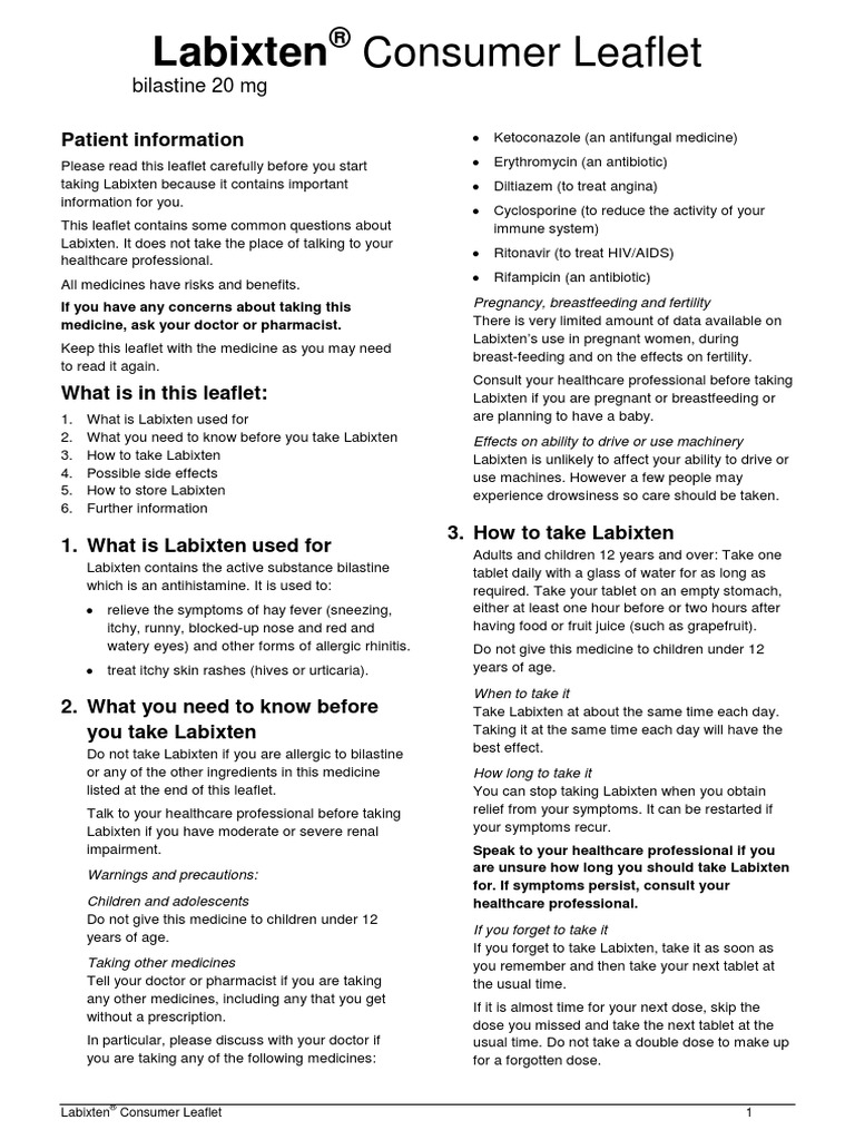 Labixten Consumer Leaflet: Bilastine 20 MG | PDF | Clinical Medicine ...