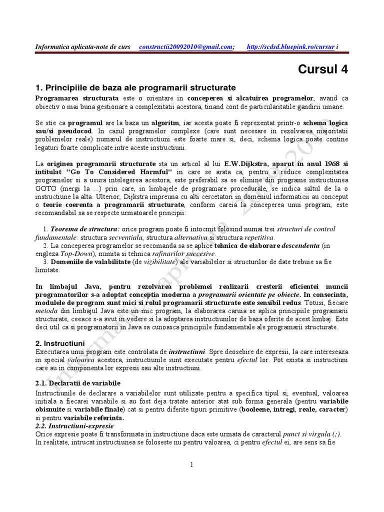 Cursul 4: 1. Principiile de Baza Ale Programarii Structurate | PDF