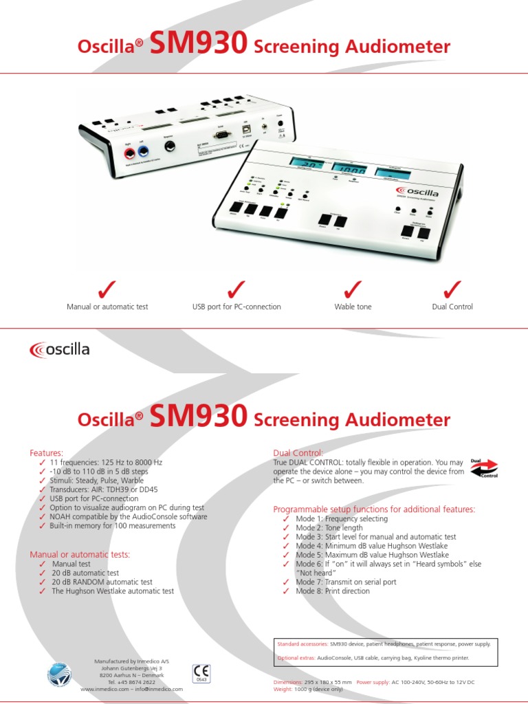 Oscilla Screening Audiometer: Manual or Automatic Test USB Port For PC ...