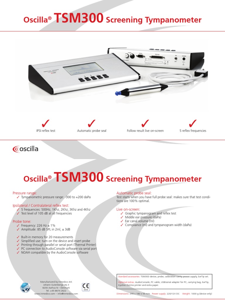 Oscilla Screening Tympanometer: IPSI Reflex Test Automatic Probe Seal ...