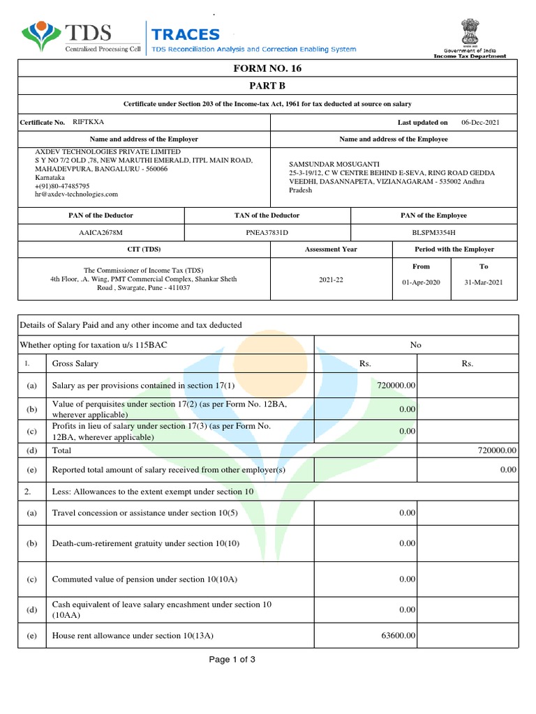 Form 16 TDS certificate summary | PDF | Tax Deduction | Pension