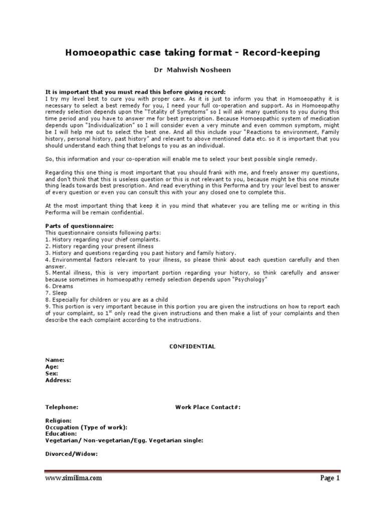 Homoeopathic Case Taking Format - Record-Keeping: DR Mahwish Nosheen ...