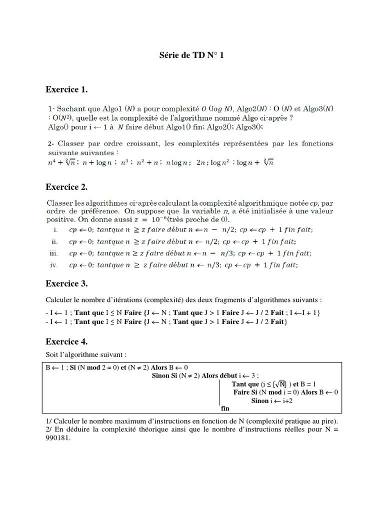 Serie TD Algo Et Complexite Rmse | PDF | Méthodes et références pédagogiques