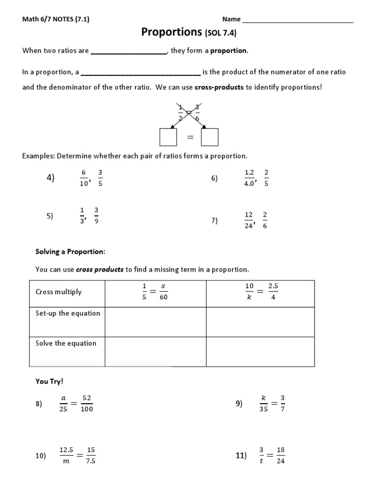7.1 Notes and HW - Proportions | PDF | Ratio | Mathematics