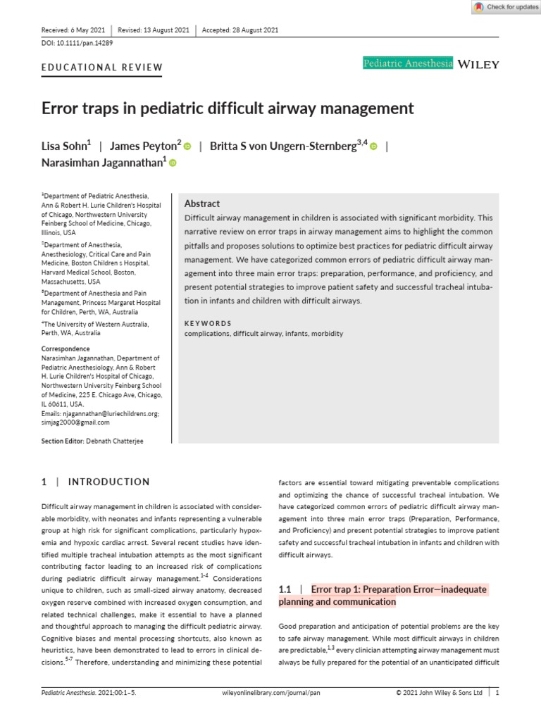 Error Traps in Pediatric Difficult Airway Management | PDF | Anesthesia ...