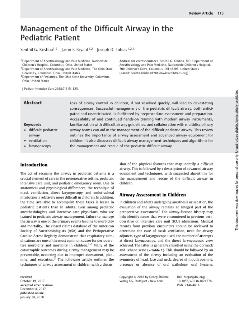 Management of The Difficult Airway in The Pediatric Patient | PDF ...