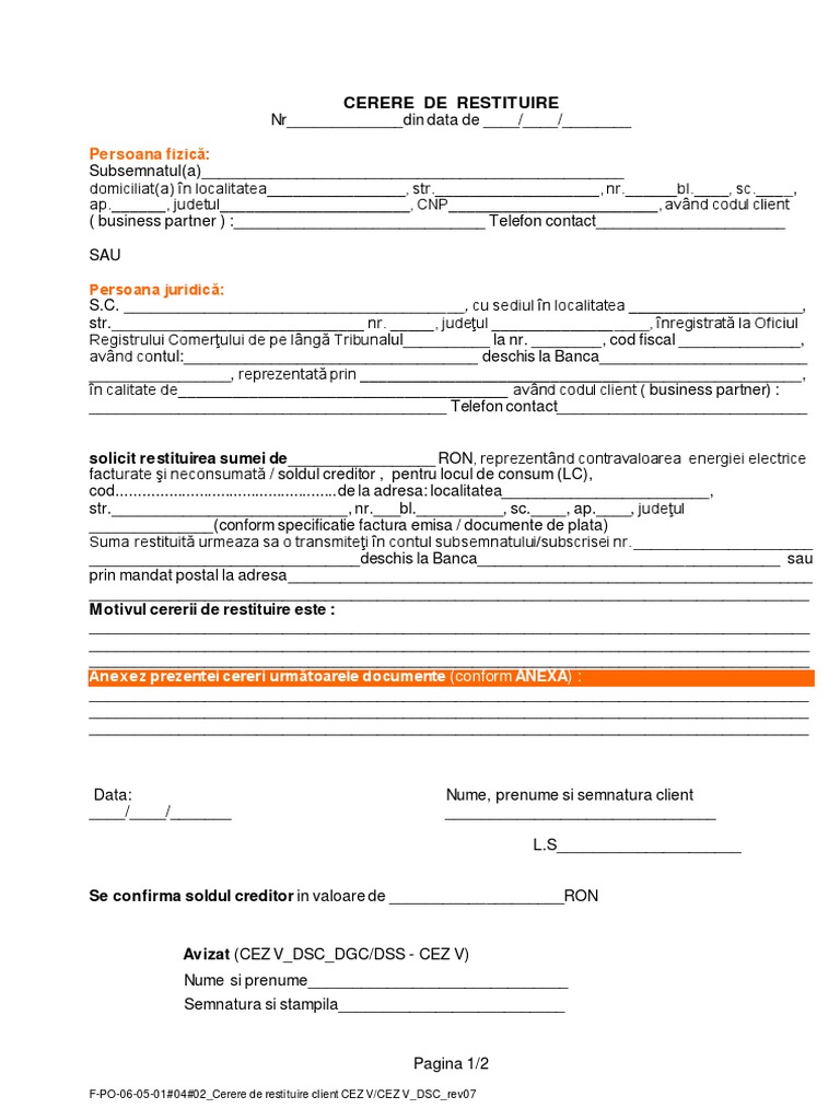 F PO 06 05 01#04#02 - Cerere de Restituire Clienti CEZ V - Rev07 | PDF