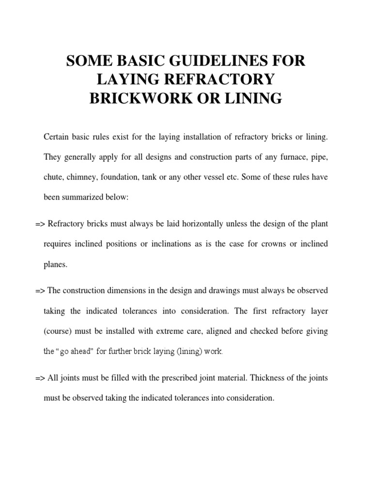 Some Basic Guidelines For Laying Refractory Brickwork or Lining | PDF ...