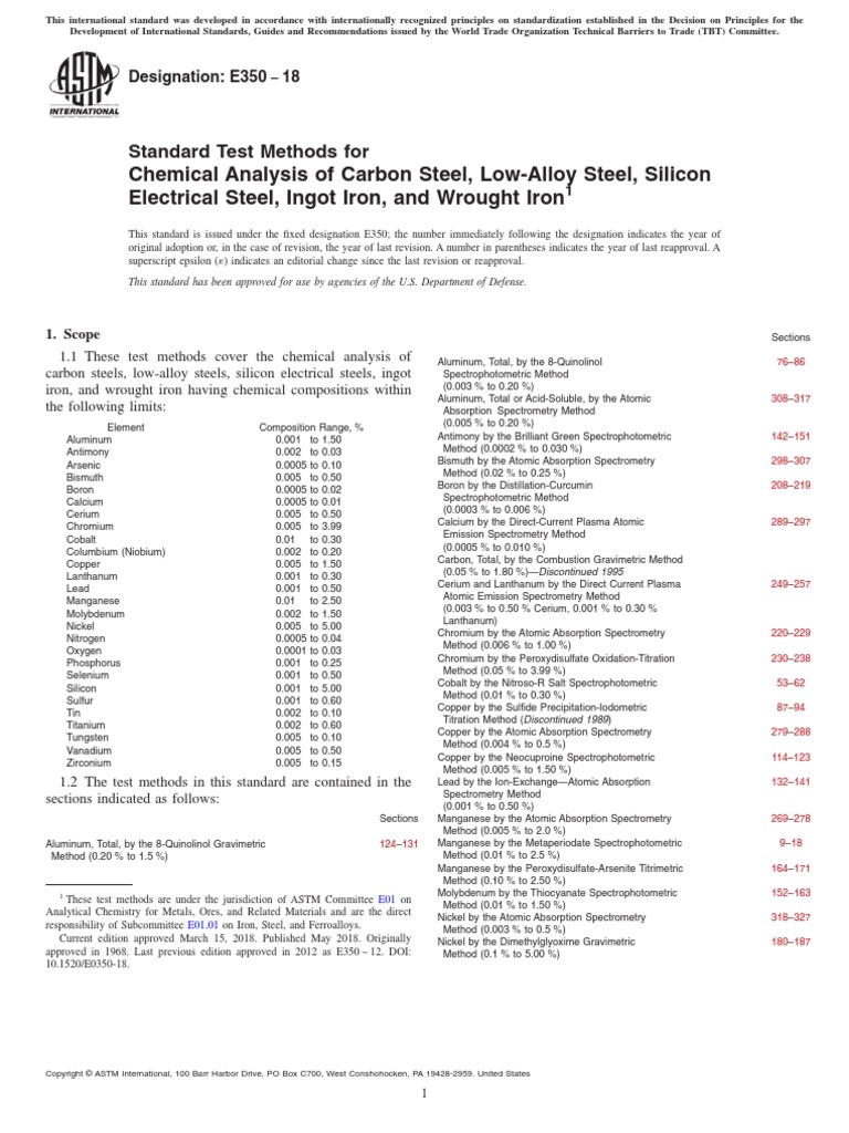 E350-18 Standard Test Methods For Chemical Analysis of Carbon Steel ...