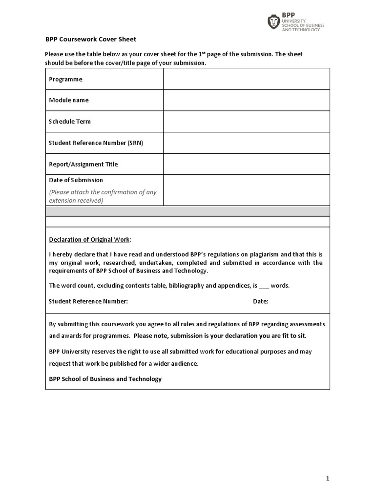 BPP Coursework Cover Sheet: (Please Attach The Confirmation of Any ...