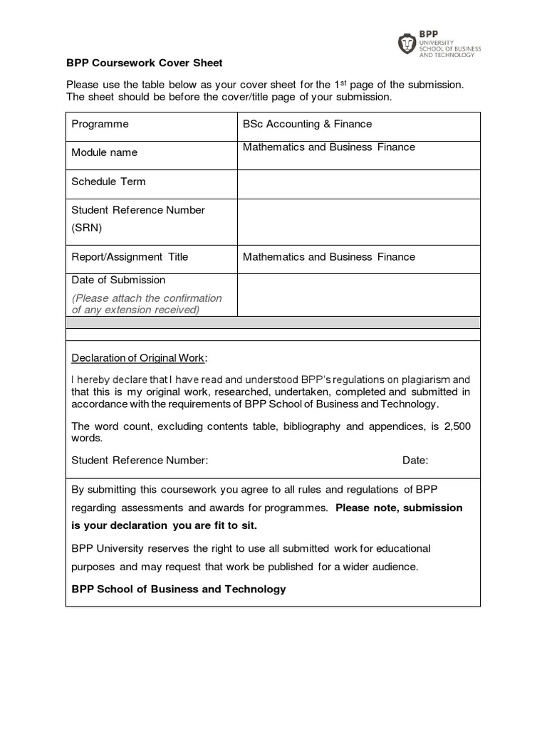 BPP Coursework Cover Sheet: (Please Attach The Confirmation of Any Extension Received ...