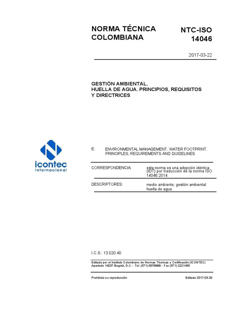 NTC Iso 14046 Gestion Ambiental Huella de Agua | PDF | Evaluación del ...
