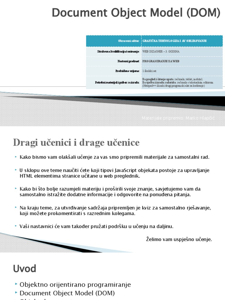 WEB Dizajner Programiranje Za Web Document Object Model DOM 3. Razred | PDF