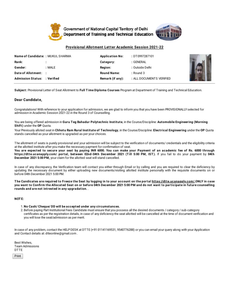 Provisional seat allotment letter | PDF