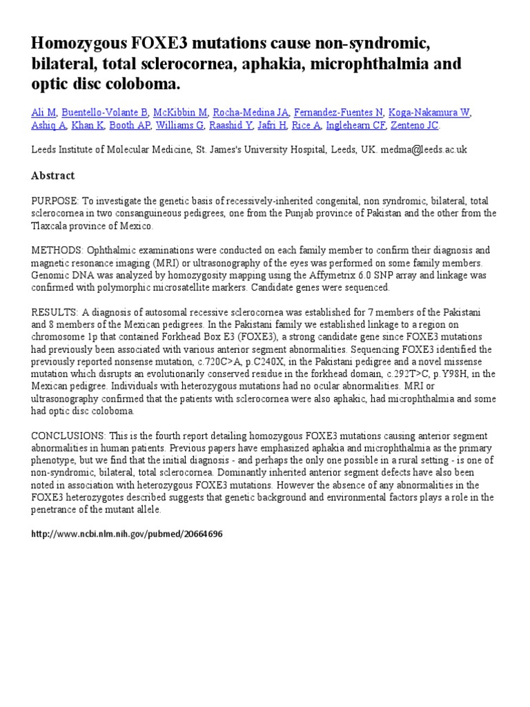 Homozygous FOXE3 Mutations Cause Non | PDF | Zygosity | Biology