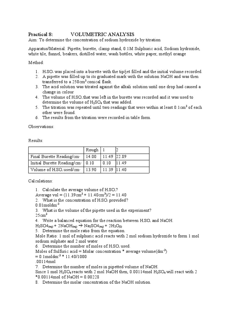 Practical 8: Volumetric Analysis | PDF | Chemistry | Titration