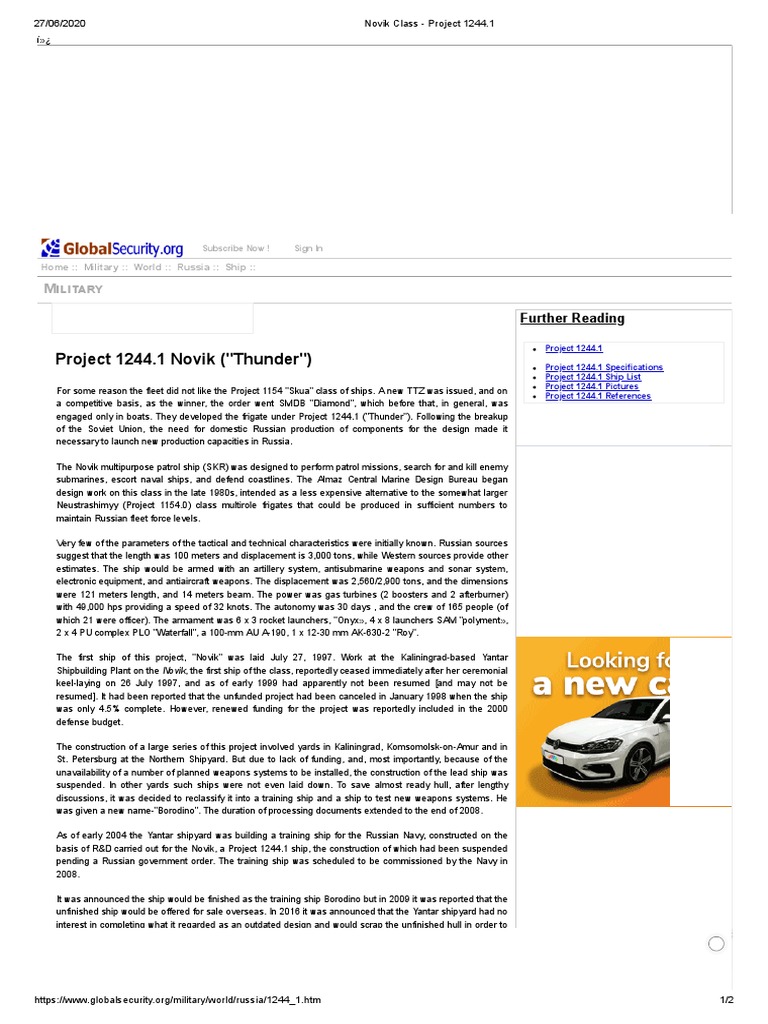 Novik Class - Project 1244.1 | PDF | Ships | Frigate