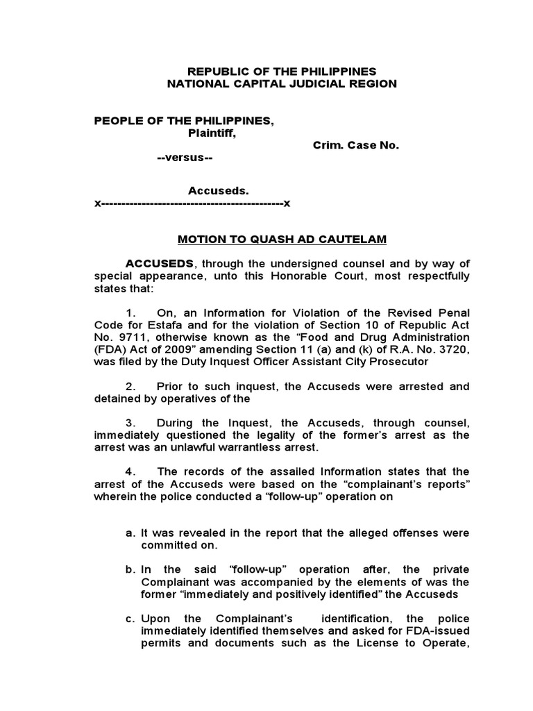 Motion To Quash Sample | PDF | Arrest | Crimes
