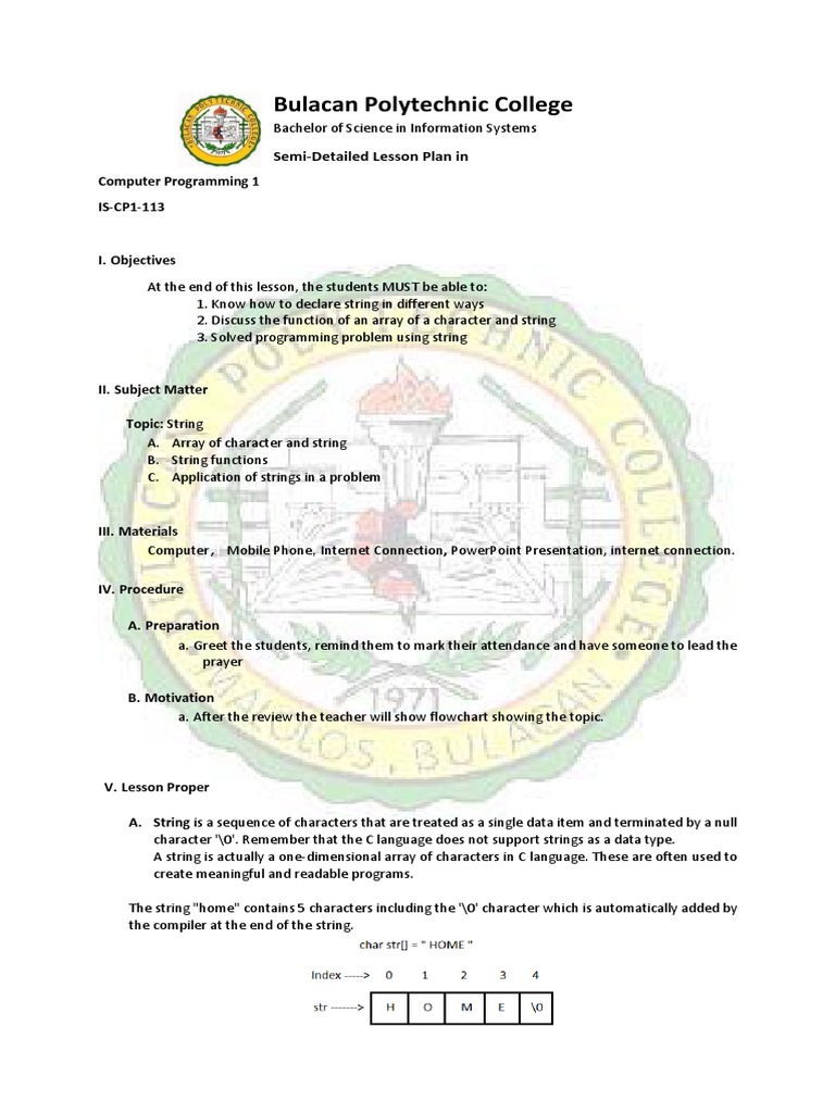 Semi-Detailed Lesson Plan in CP1 | PDF | String (Computer Science) | C (Programming Language)