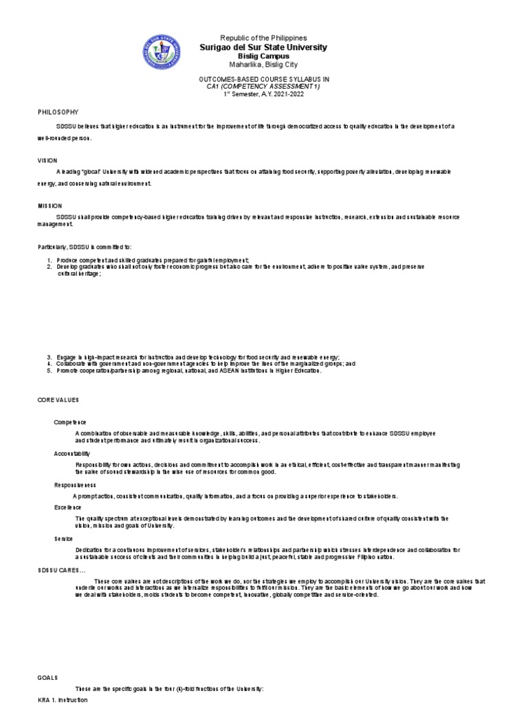 Competency Assessment 1 Syllabus | PDF | Teachers | Learning