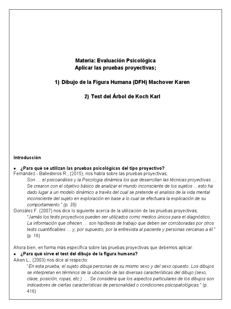 Aplicacion de Pruebas Proyectivas Test Arbol de Koch y DFH de Machover ...
