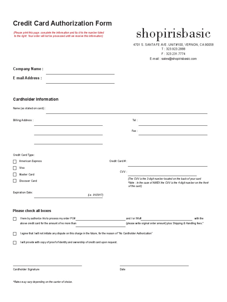 Shopirisbasic: Credit Card Authorization Form | PDF | Credit Card ...