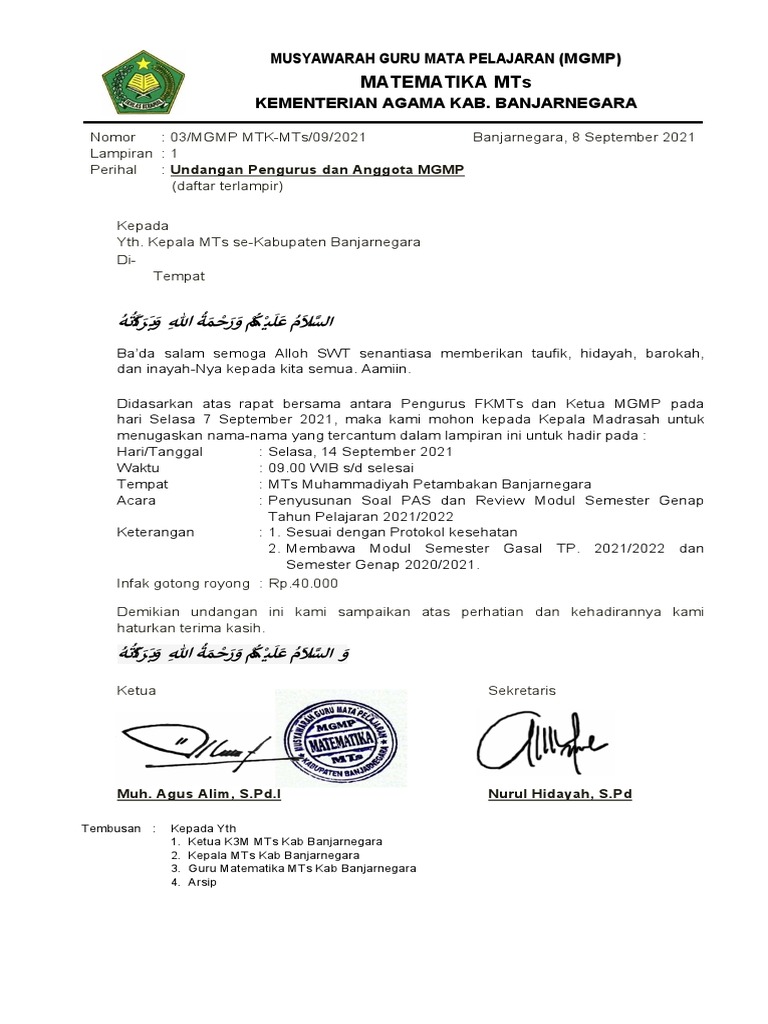 Surat Undangan MGMP MTK | PDF