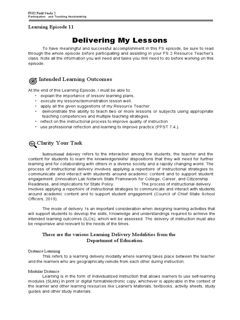 Delivering My Lessons: Intended Learning Outcomes | PDF | Distance ...