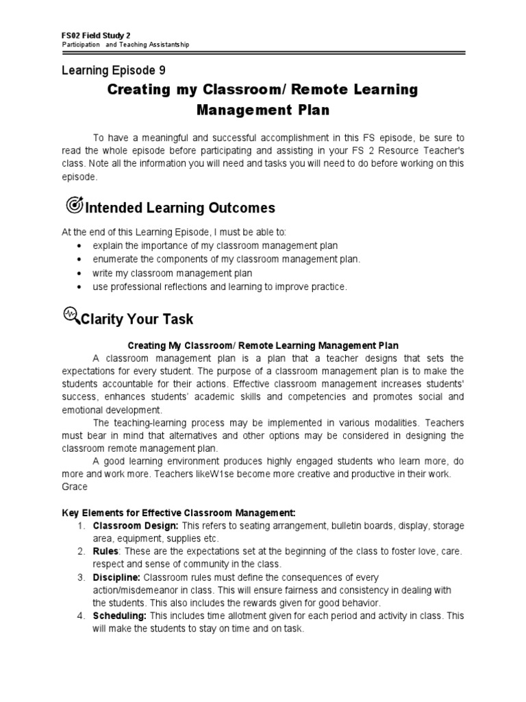 Creating My Classroom/ Remote Learning Management Plan | PDF ...