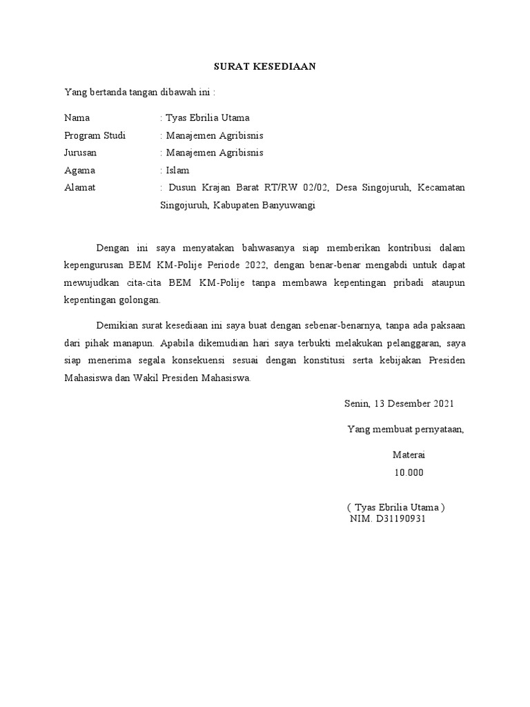 Surat Kesediaan Bem | PDF