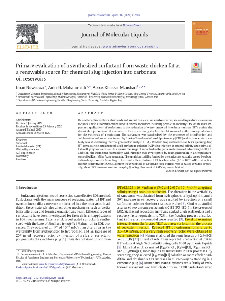 Journal of Molecular Liquids: Iman Nowrouzi, Amir H. Mohammadi, Abbas ...