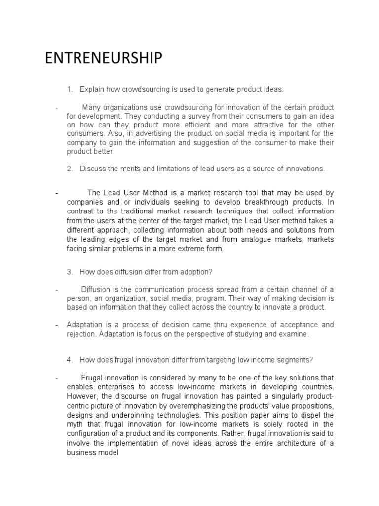 Entrepreneurship Assignments | PDF | Innovation | Marketing