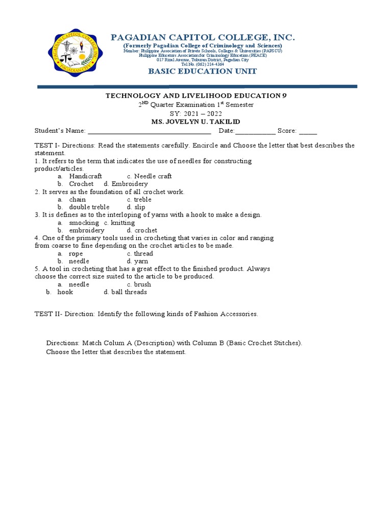Grade 9 Tle Quarter Exam | PDF | Crochet | Yarn