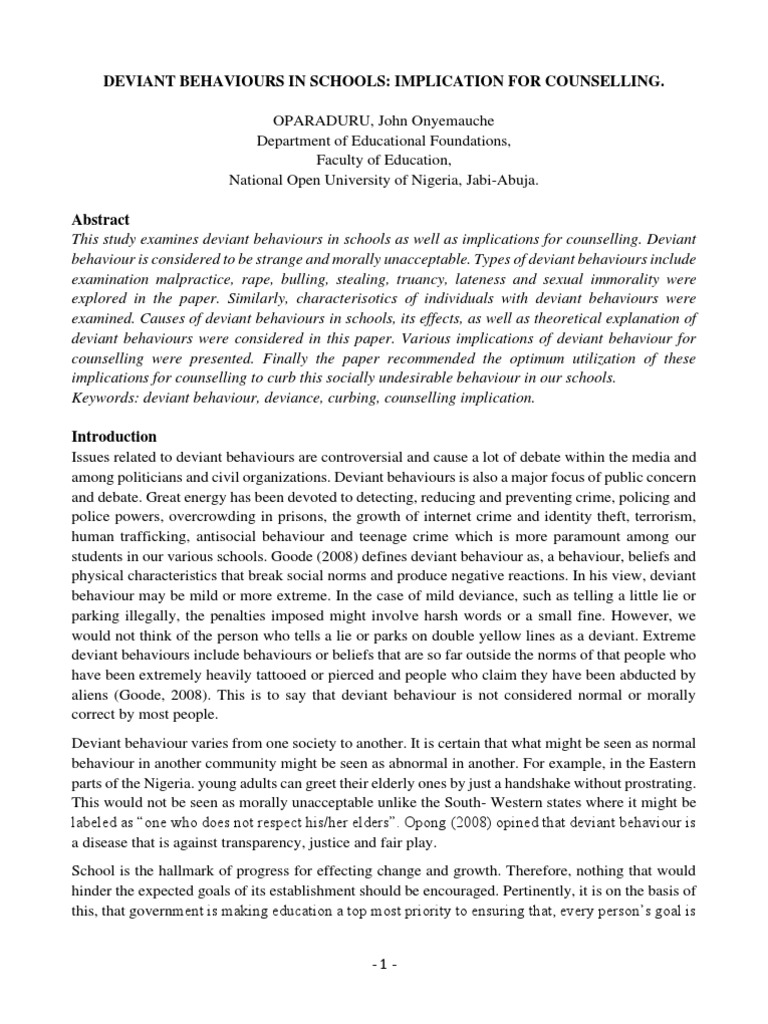 Deviant Behaviours in Schools: Implication For Counselling | PDF ...