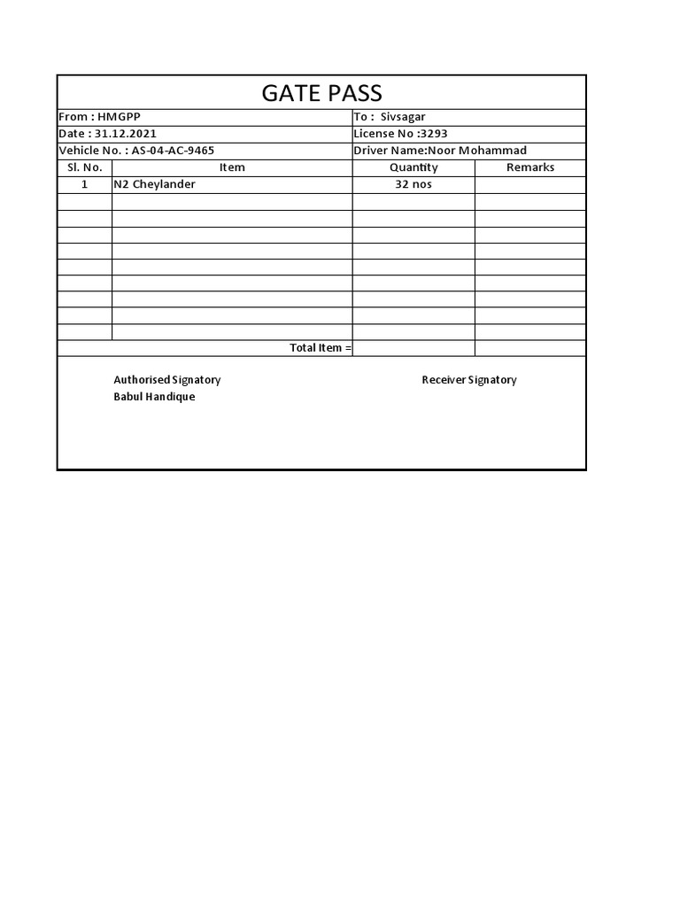 Vehicle Gate Pass for N2 Cheylander | PDF