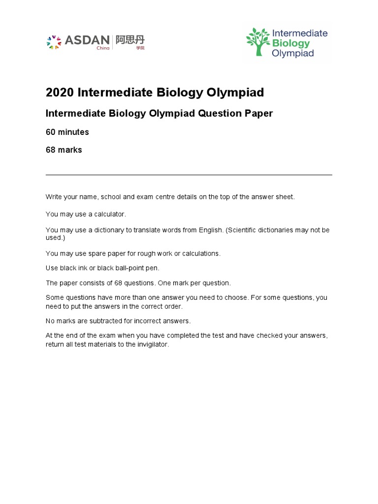 Intermediate Biology Olympiad Question Paper | PDF | Genetic Code | Virus