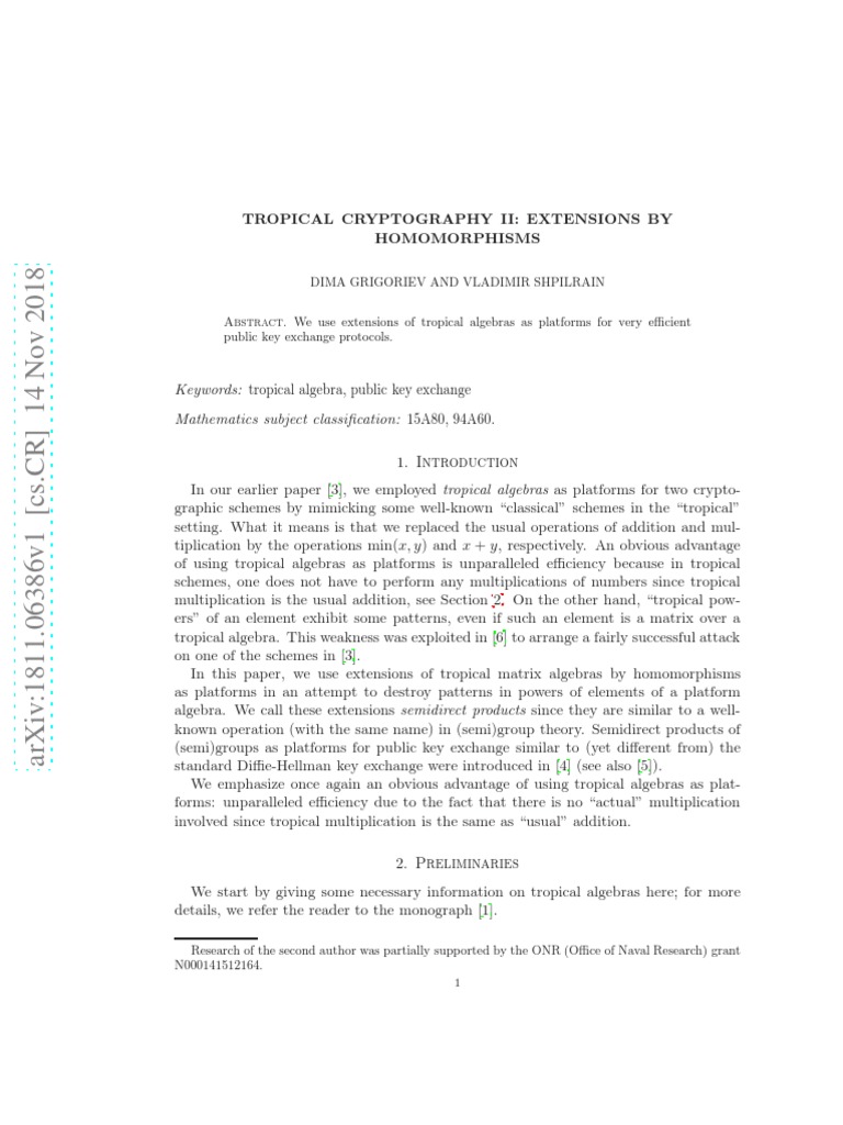 Tropical Algebra, Public Key Exchange 15A80, 94A60 | PDF | Matrix (Mathematics) | Mathematics