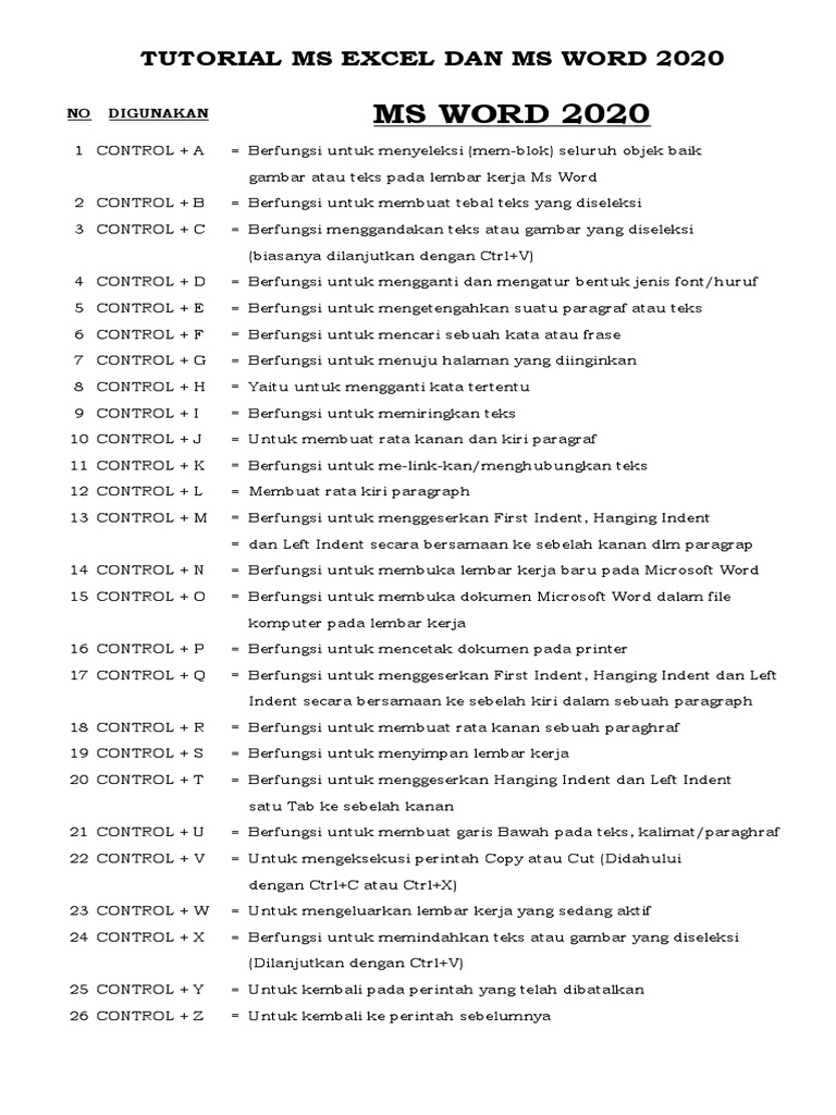 Tutorial Singkat MS Word dan Excel 2020 | PDF