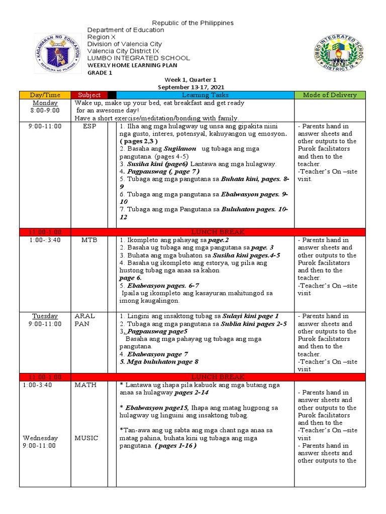 Weekly Learning Plan Grade 1 | PDF