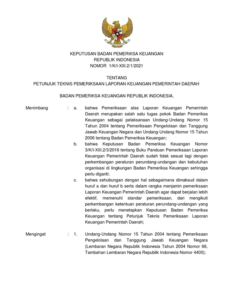 Salinan K-BPK 1-2021 - Juknis Pemeriksaan LKPD | PDF | Bisnis