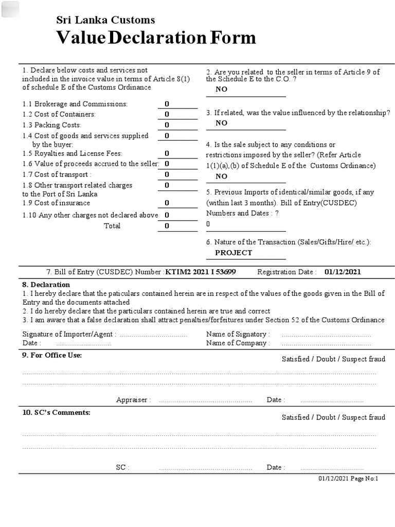 Value Declaration Form: Sri Lanka Customs | PDF | Sales | Economies