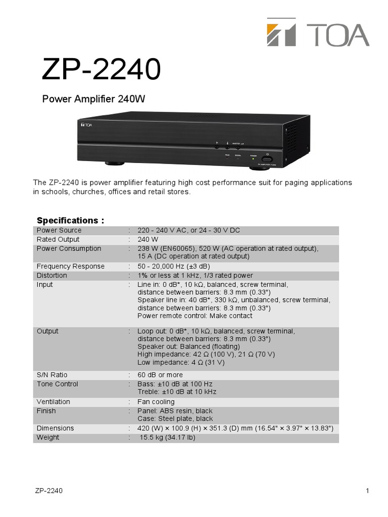 TOA - Brocure ZP2240 Power Amplifier | PDF | Teaching Methods ...