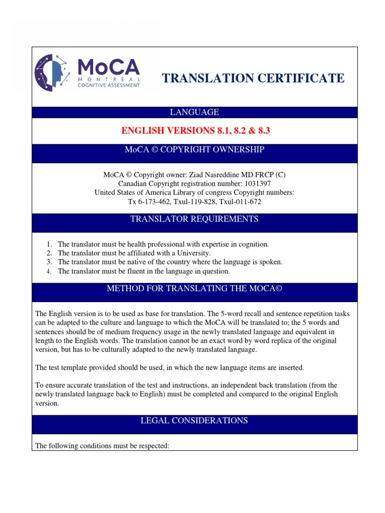 MoCA Translation Certificate - Version 8 - English 8.2 8.3 | PDF ...