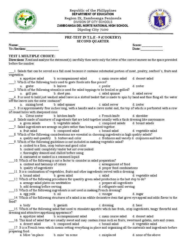 Pre-Test Cookery9 q2 | PDF | Salad | Foods